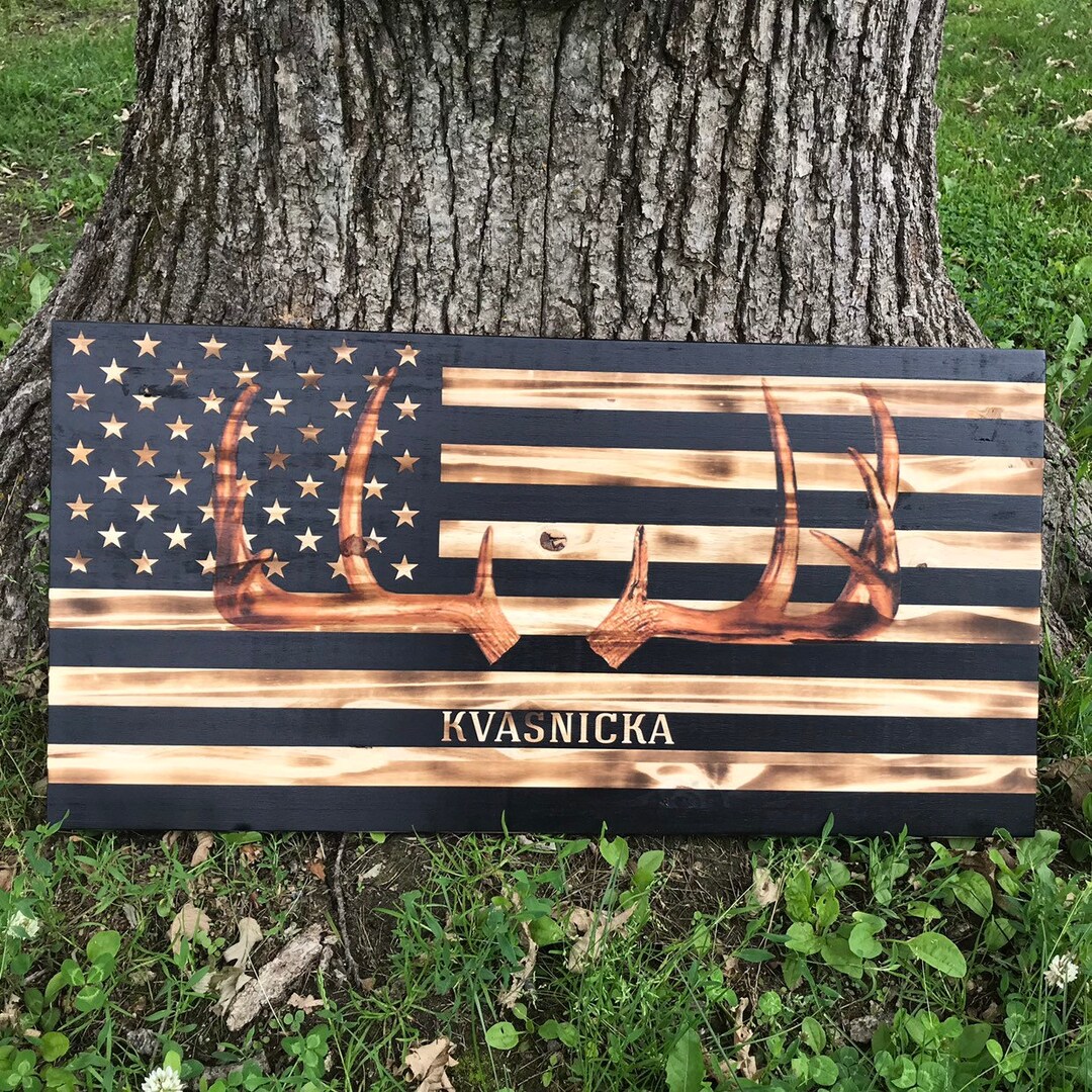 Rustic Deer Antler American Flag: Hand-burnt Wood Sign - Etsy
