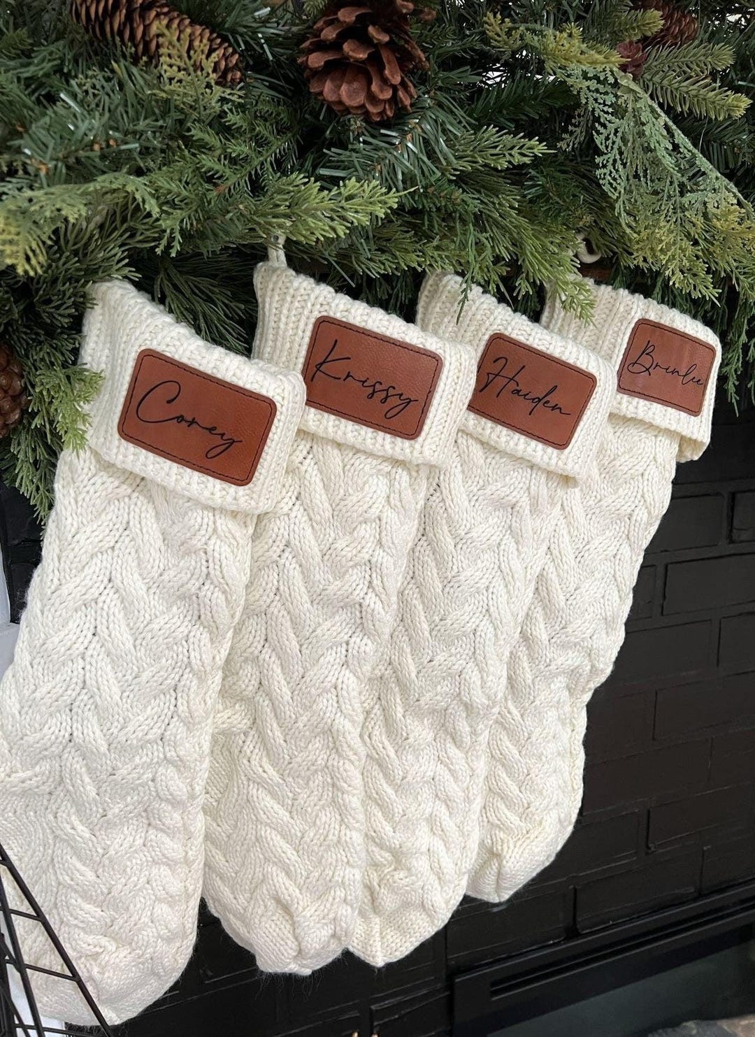 Personalized Knit Christmas Stocking: Laser Engraved Faux Leather Patch ...