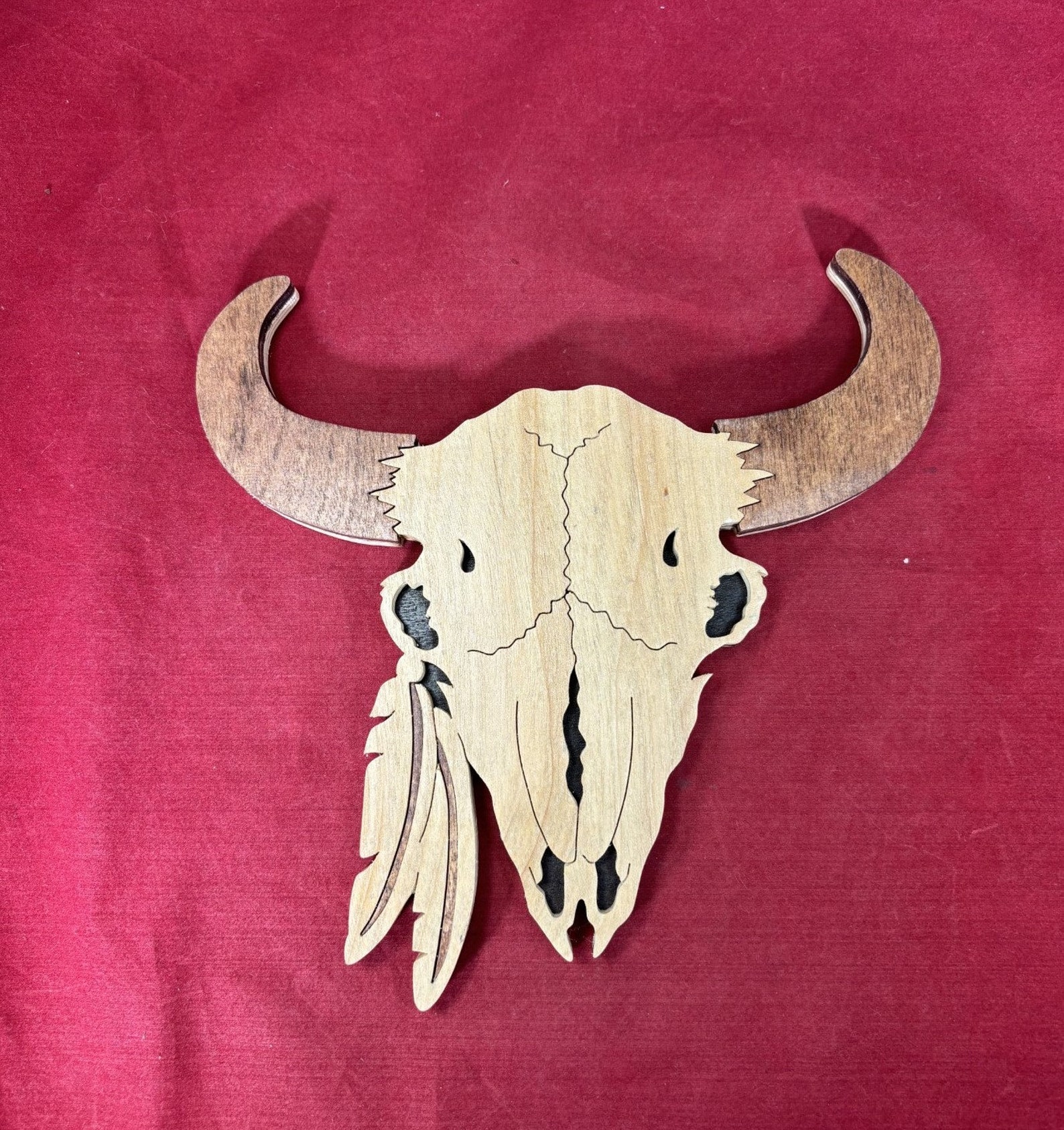 Vintage-wall Decor-cow Head-skull-feather-brown-wood-home Deocr ...