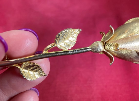 Vintage-Brooch-Gold-Rose-Flower-Stem-Leaves-Jewelry-A… - Gem