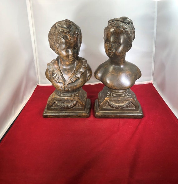 Vintage-busts-boy-girl-bookends-bronze-antiqued | Etsy