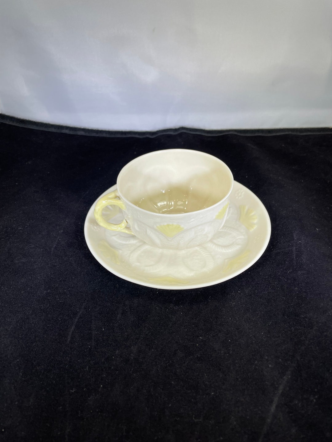 Vintage-belleek-teacup-saucer-institute Ware-yellow-white-ireland ...