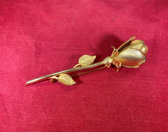 Vintage-Brooch-Gold-Rose-Flower-Stem-Leaves-Jewelry-A… - Gem