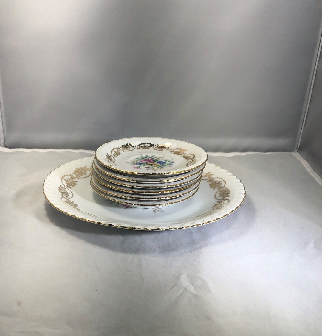 Vintage-1 Plates-6 Saucers-bavaria-germany-gold-flowers-pink-blue ...