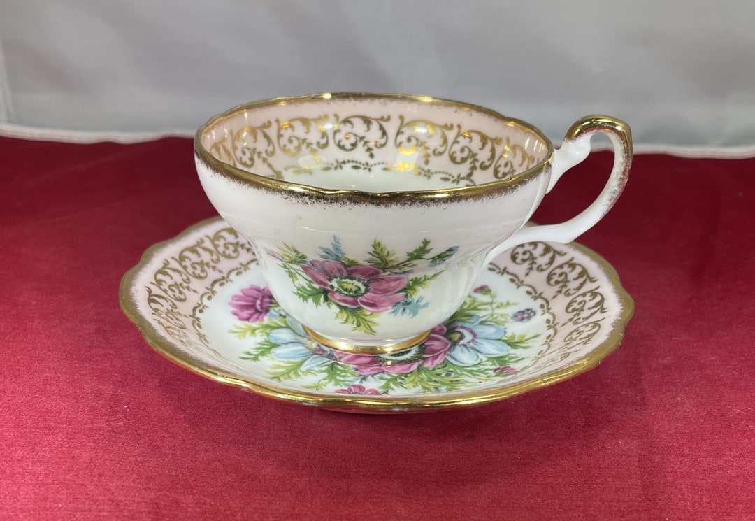 Vintage-teacup-saucer-foley-bone China-england-flowers-pink-blue-gold ...