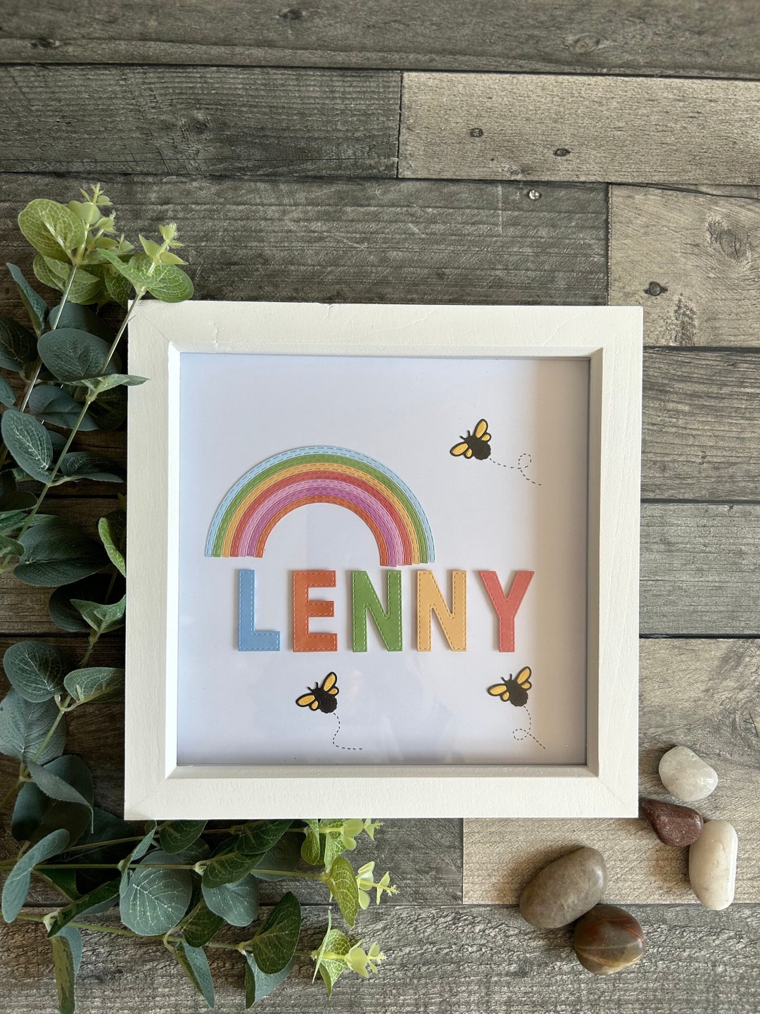Personalised Childrens Wall Art With Rainbow & Buzzy Bees - Etsy UK