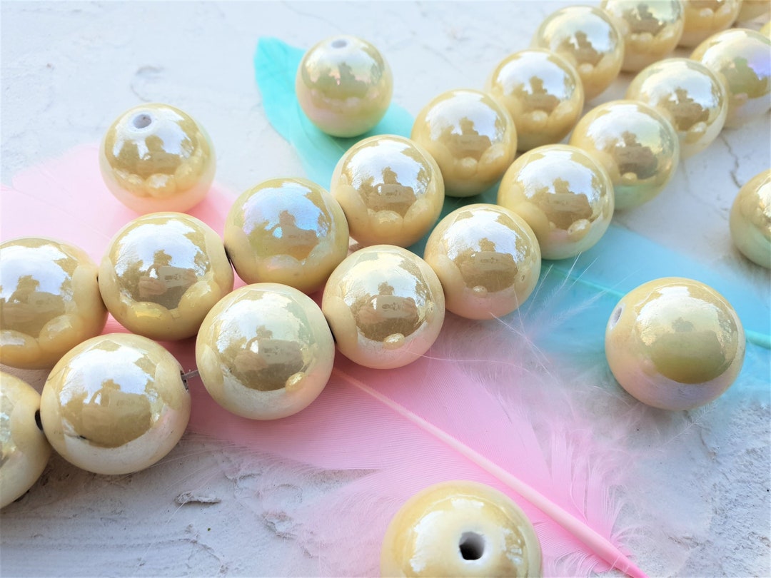 18mm 20mm Pastel Yellow Ceramic Beads, Glazed Enamel Ceramic Beads ...