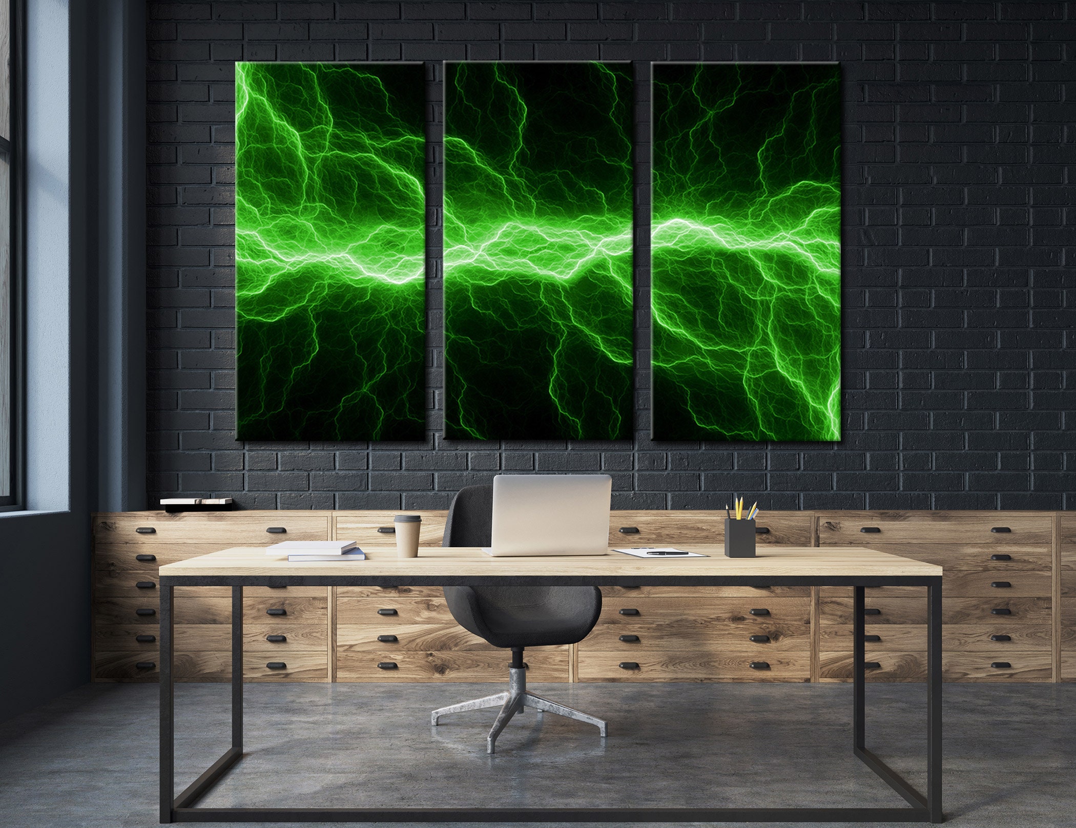 Green Lightning Wall Art, Lightning Abstract Canvas Print, Modern Wall ...