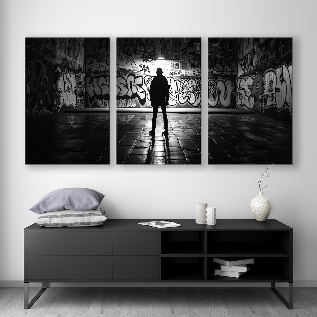 Urban Monochromatic Graffiti Canvas Print, Black and White Wall Art ...