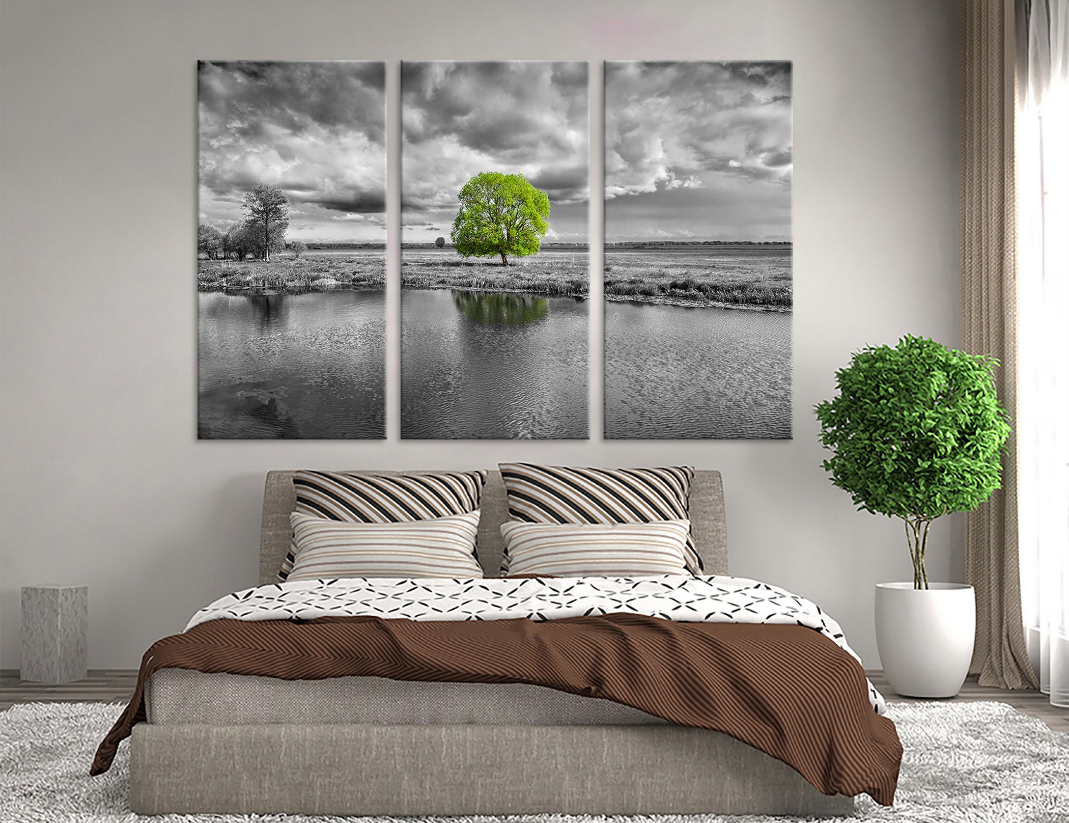 Green Tree Wall Art Black and White Landscape Wall Decor Black | Etsy