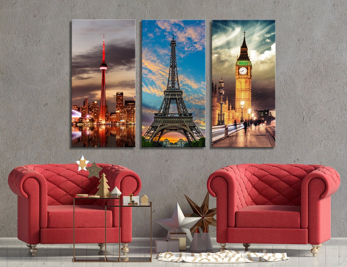 Toronto Paris London Canvas Set Triptych Art Print CN Tower - Etsy