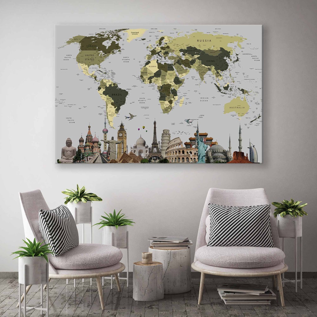 Vintage-style World Map Wall Decor With Iconic Attractions Print Set - Etsy