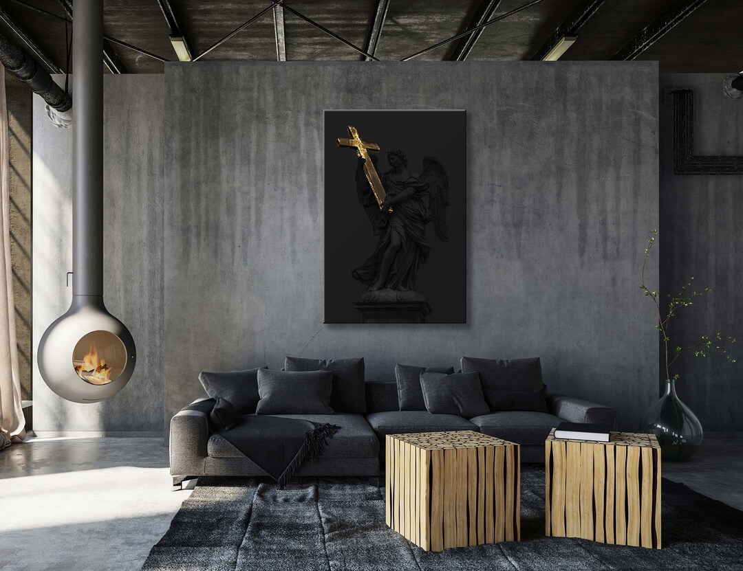 Black Angel With Golden Cross, Christian Canvas Print, Black and Gold ...