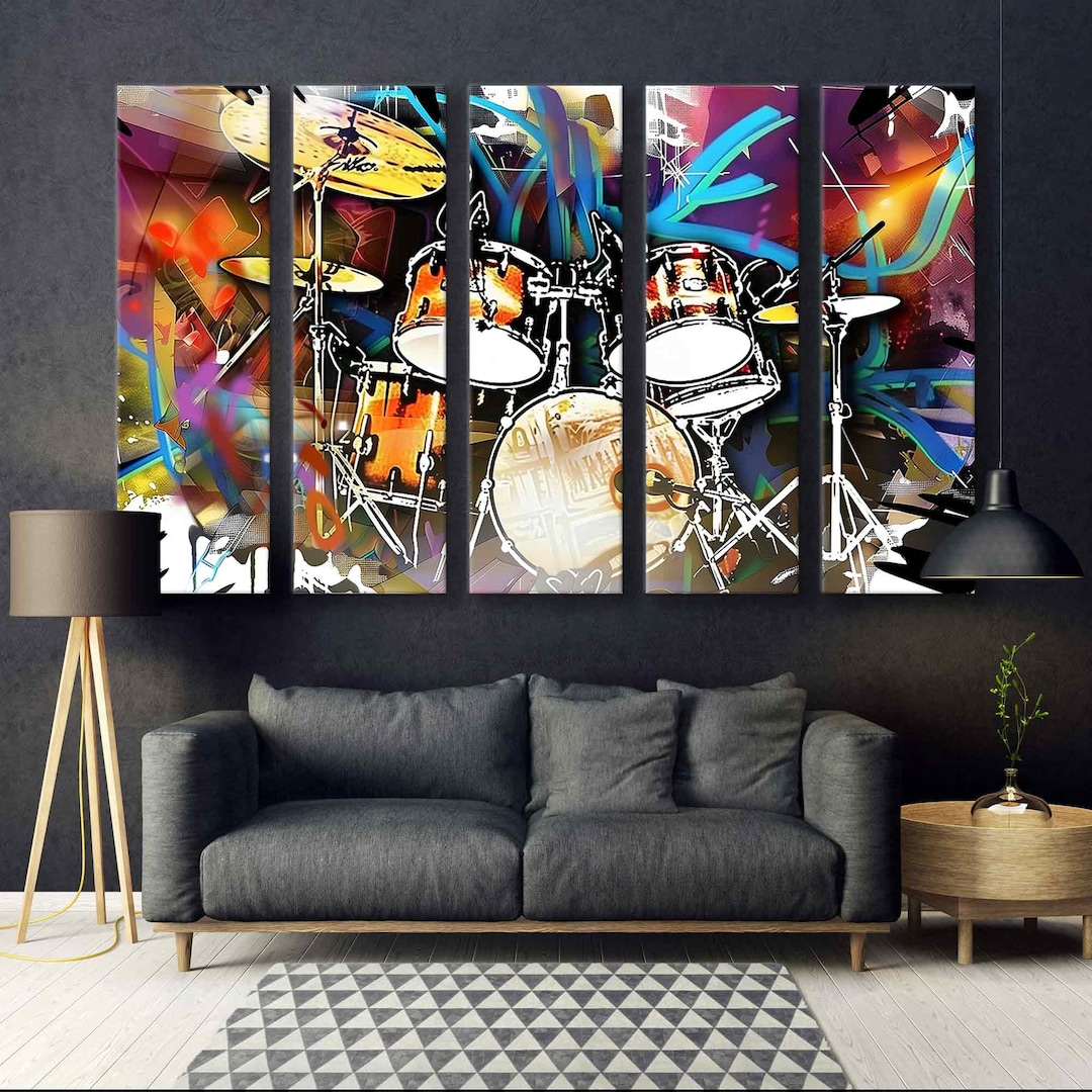Graffiti Style Drum Set Canvas Print, Drums Bar Wall Decor, Drums Wall ...