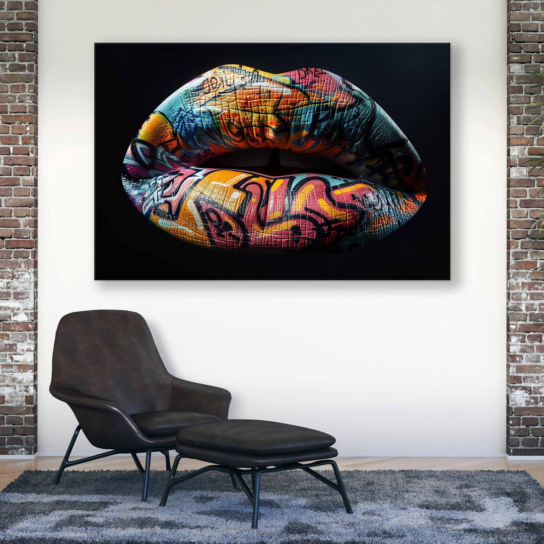 Graffity Lips on Black Background Canvas Print, Room Decor and Street ...