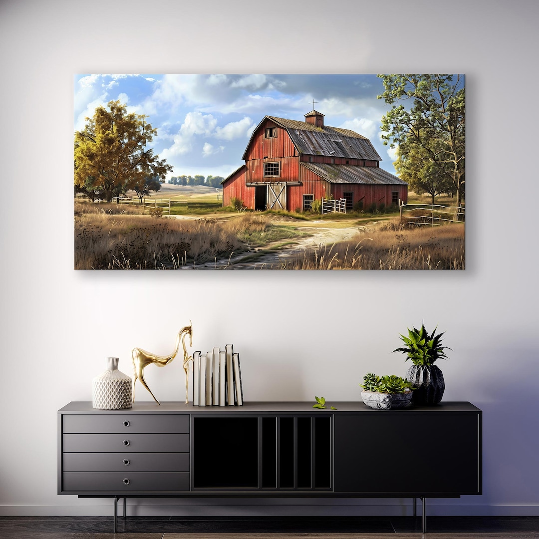 Retro Farm Wall Art - Village Wall Art - Old Barn in the Farm Landscape ...