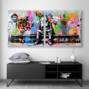 Famous Mural With Sitting Old Man Inspired by Banksy Graffiti on Canvas ...