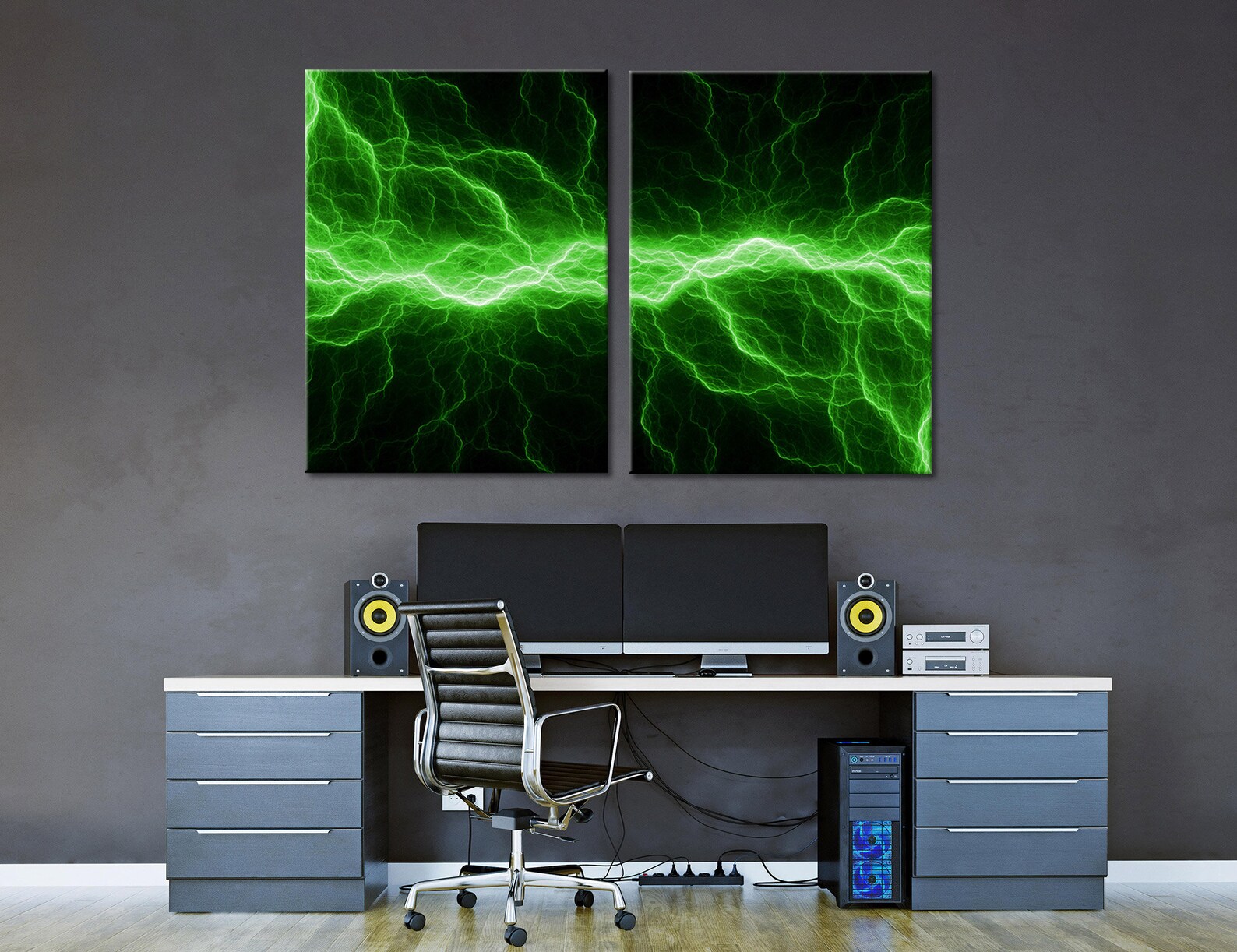 Green Lightning Wall Art, Lightning Abstract Canvas Print, Modern Wall ...