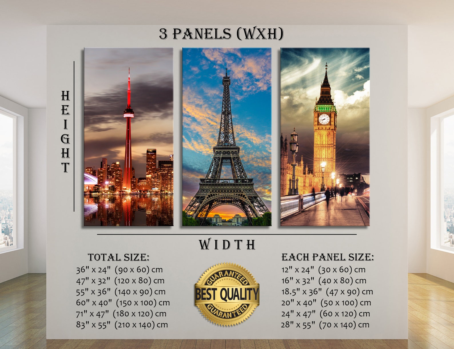 Toronto Paris London Canvas Set Triptych Art Print CN Tower - Etsy