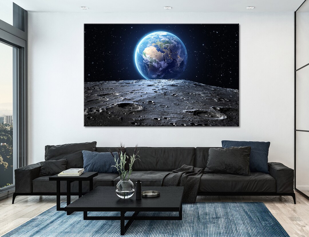 View of the Earth From the Moon Canvas Print, BW Wall Decor, Earth Wall ...