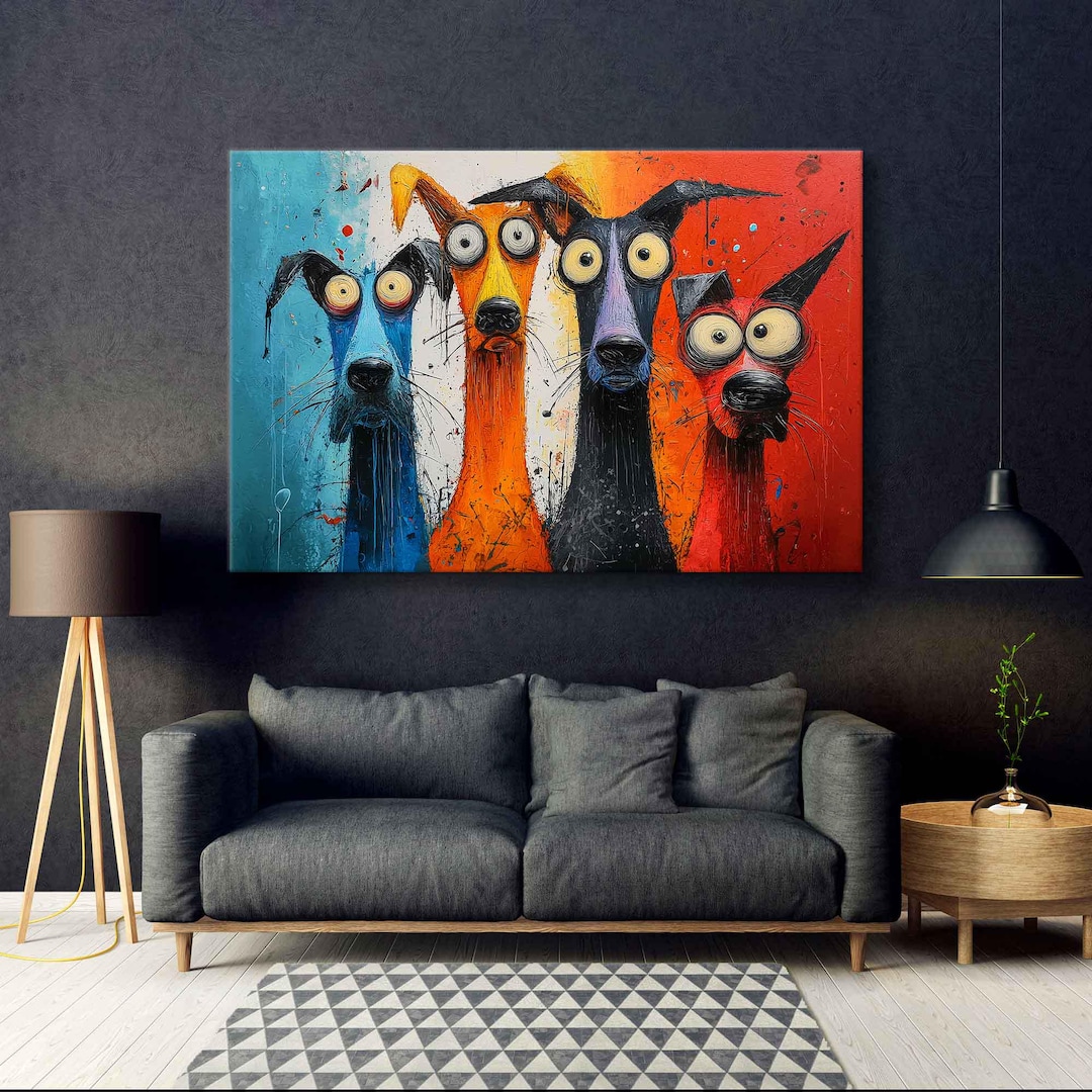 Toile d'art murale colorée Chiens rigolos – Tableau abstrait moderne ...