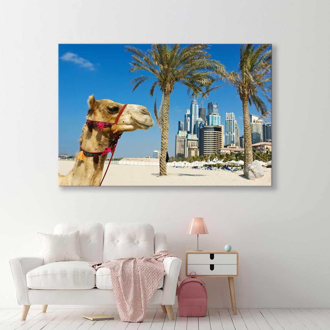 Camel in Dubai Cityscape Canvas Print – Unique UAE Wall Decor, Camel ...