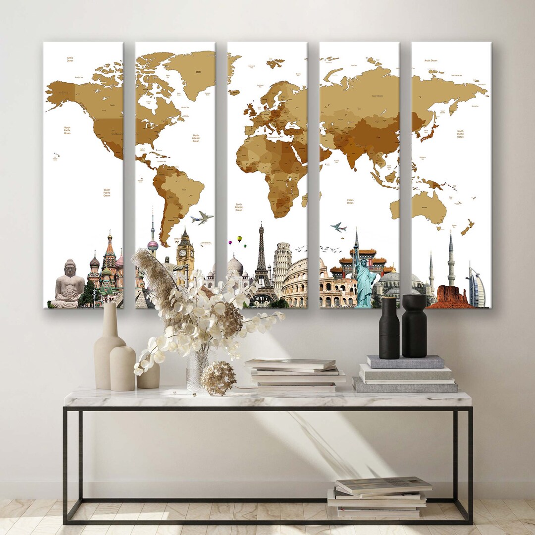 World Map Canvas Print, World Map Wall Art, World Attractions - Etsy