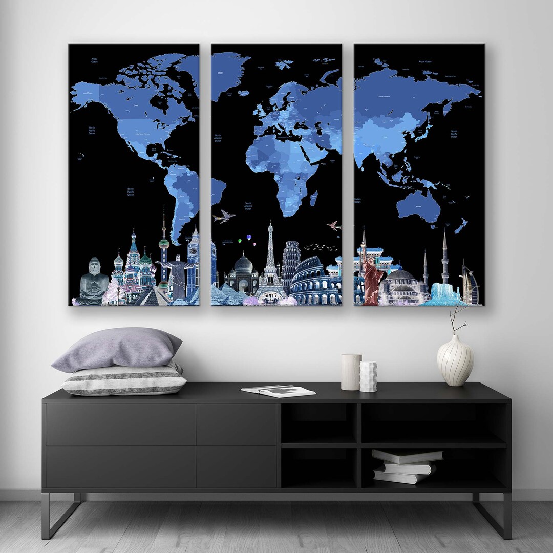 Premium World Map Canvas Print for Elegant Interior Décor, Large Black ...