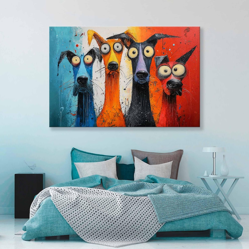Toile d'art murale colorée Chiens rigolos – Tableau abstrait moderne ...