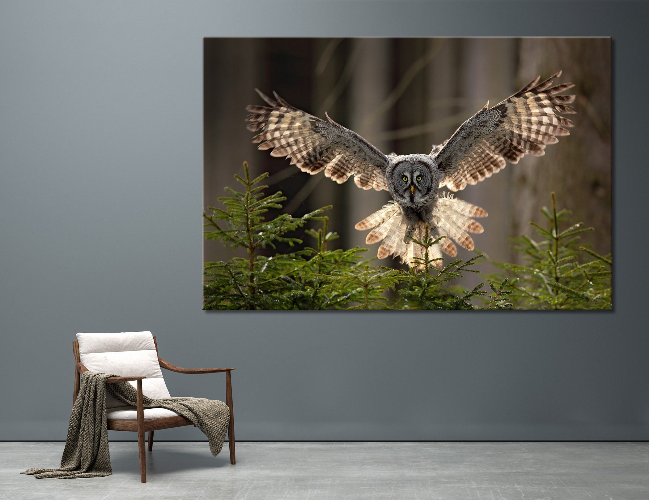 Forest With Owl Canvas Print Flying Great Grey Owl Print Art Green ...