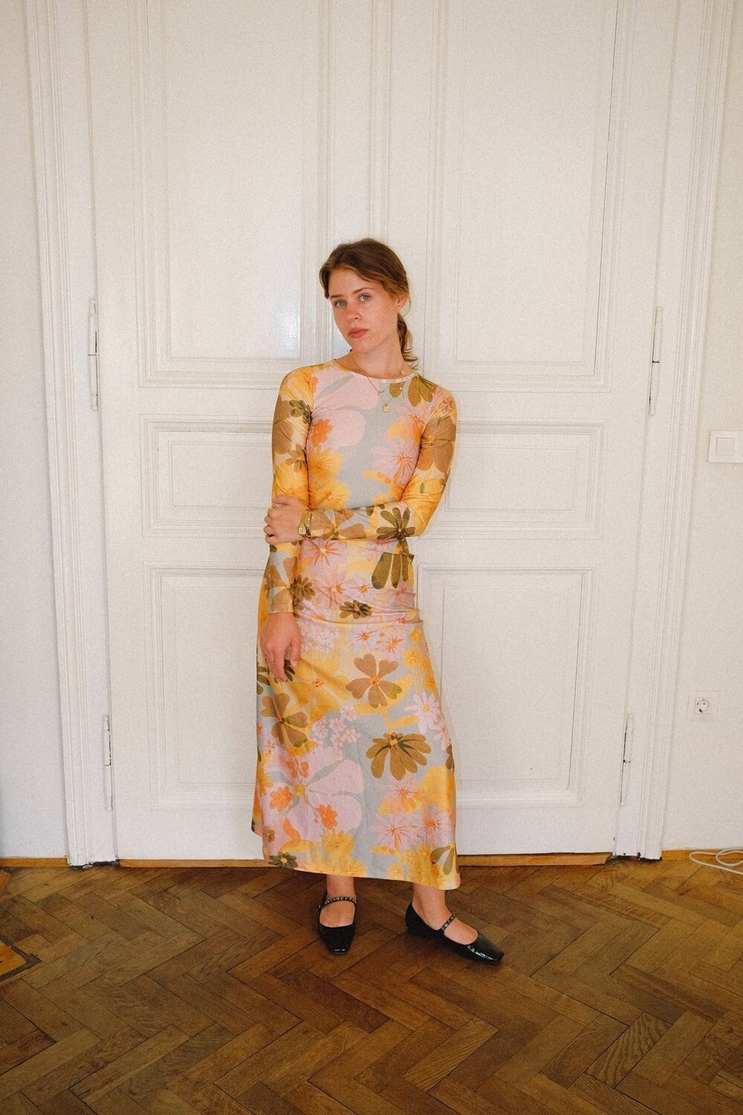 Long Sleeve Printed Maxi Dress, Recycled Polyester Dress, Pastel Colors ...