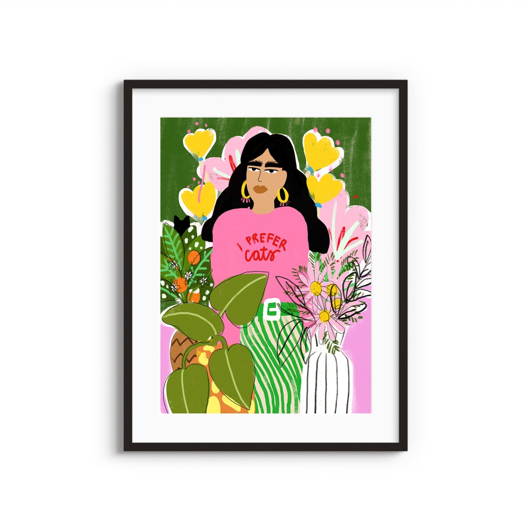 I Prefer Cats A4 A3 Art Print Cat Lady Gift Plant Lady Colourful ...