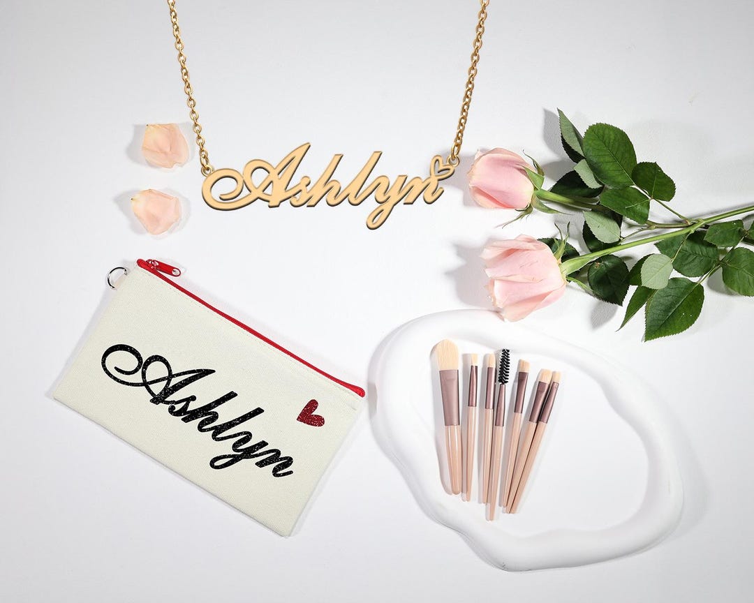 Personalized Cursive Name Necklace Gold With Cosmetic Bag | Custom Name ...