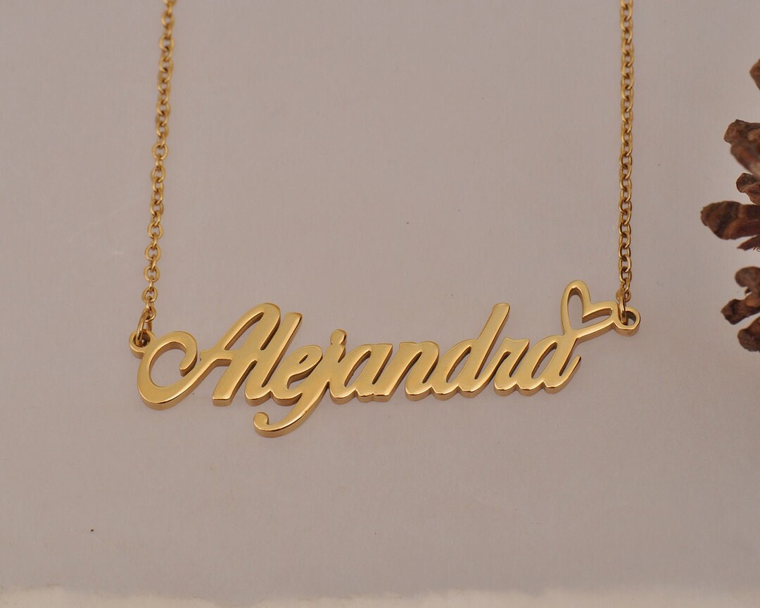 Alejandra Name Necklace With Heart, Customized Gold Name Necklace ...