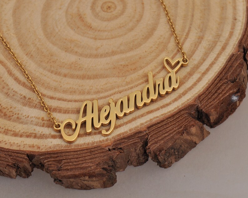 Alejandra Name Necklace With Heart Customized Gold Name - Etsy
