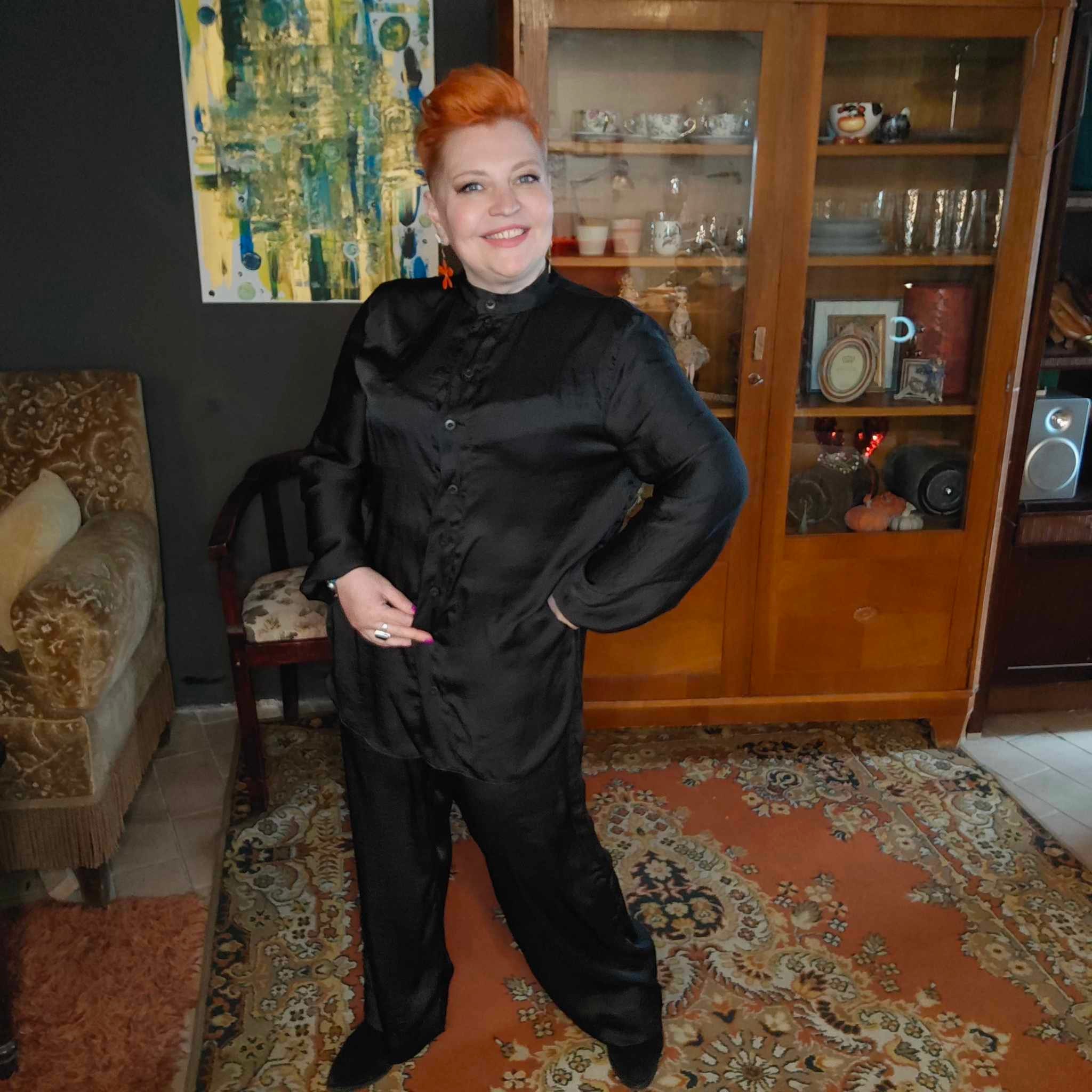 Black Satin Luxe Lounge Shirt Ane Pant Set / Black Satin Silk Free Fall ...