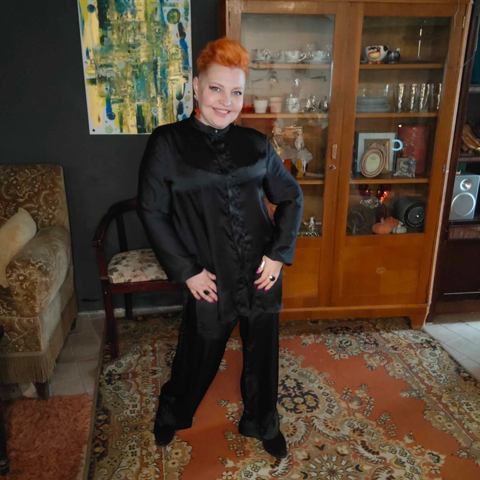 Black Satin Luxe Lounge Shirt Ane Pant Set / Black Satin Silk Free Fall ...