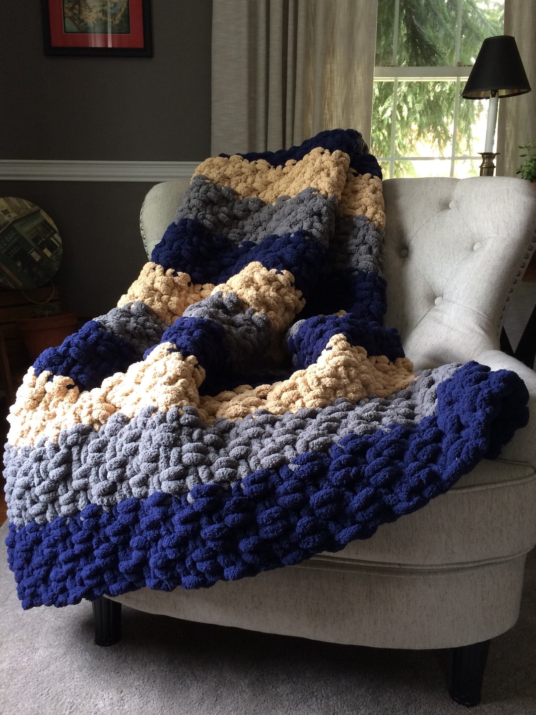Navy Blue Khaki and Gray Striped Throw - Chunky Knit Chenille Blanket ...