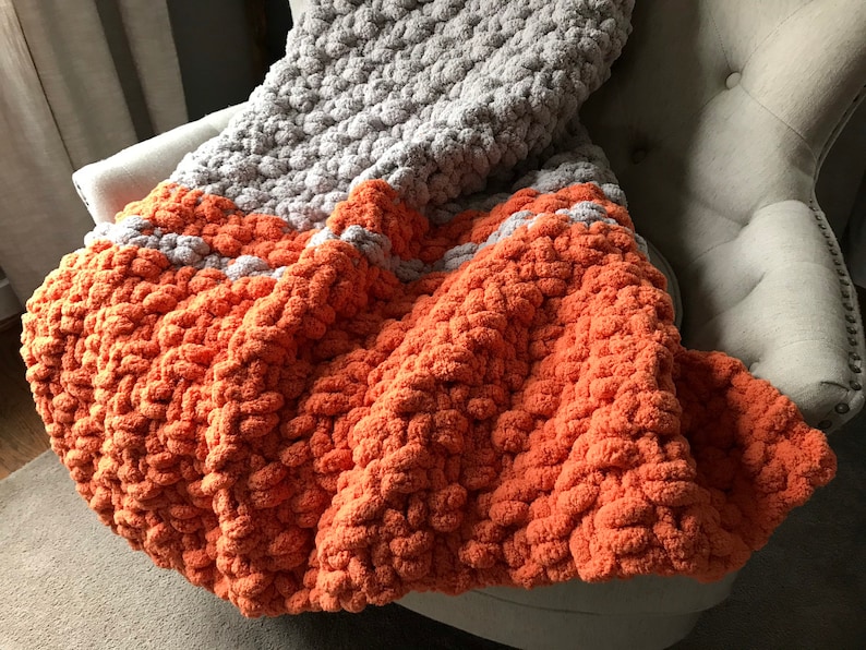 Chunky Knit Blanket - Orange Striped Throw - Gray and Orange Blanket ...