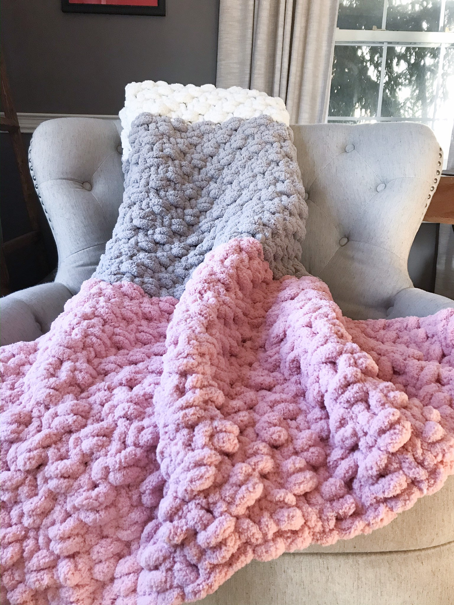 Pink and Gray Throw - Chunky Knit Blanket - Chunky Chenille Throw ...
