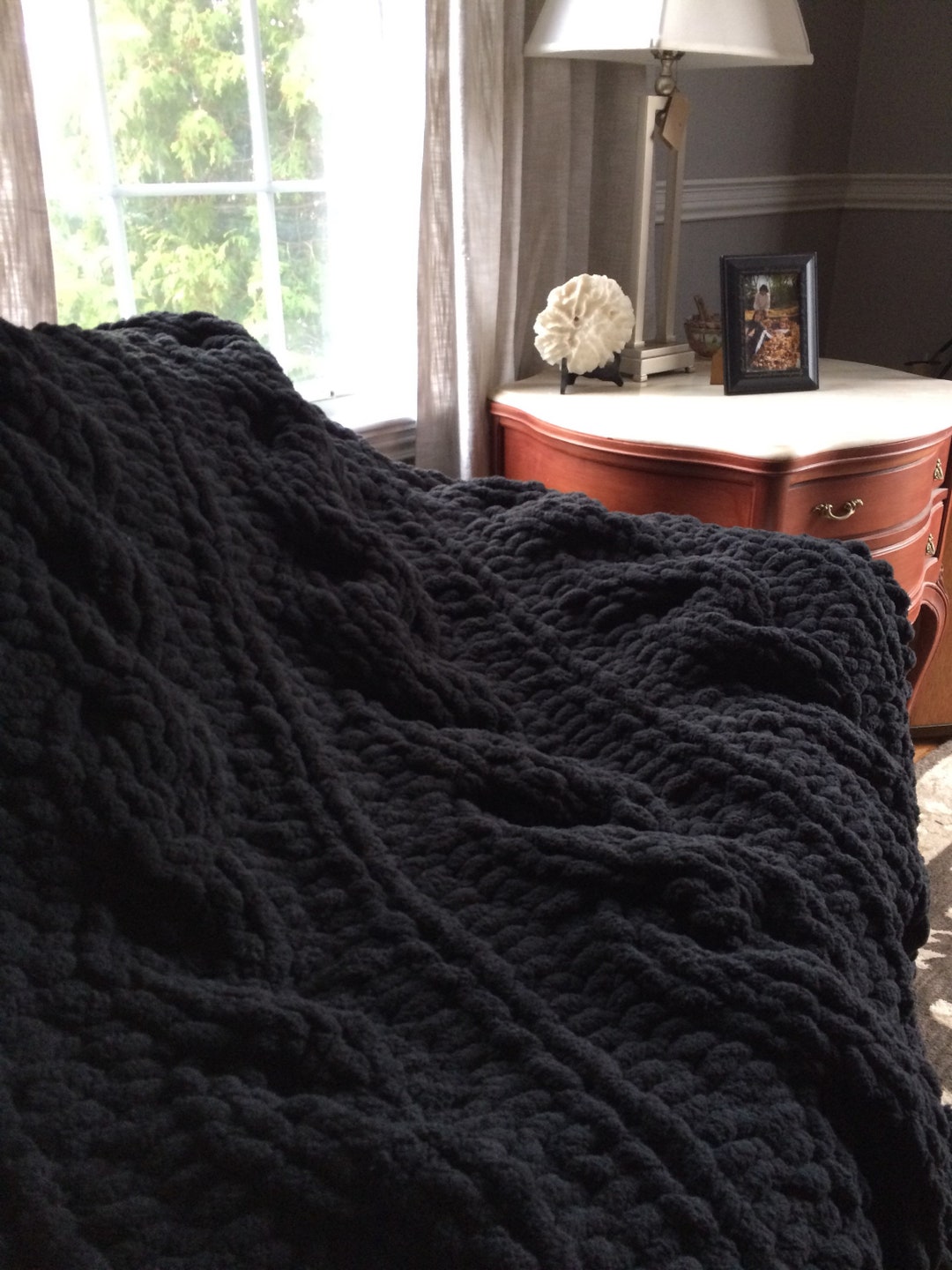 Black Cable Knit Blanket - Chunky Knit Black Blanket - Black Chunky ...