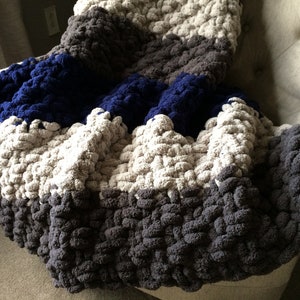 Gray and Navy Blue Striped Throw - Chunky Knit Blanket - Soft Knit ...