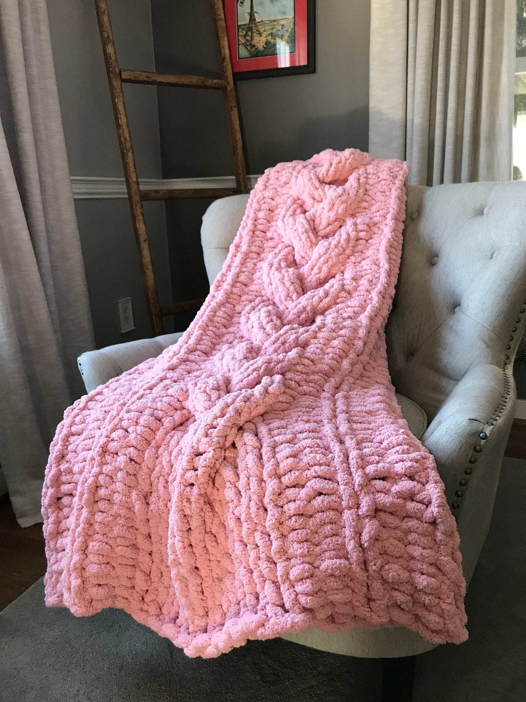 Braided Cable Knit Blanket - Light Pink Throw Blanket - Chunky Knit ...