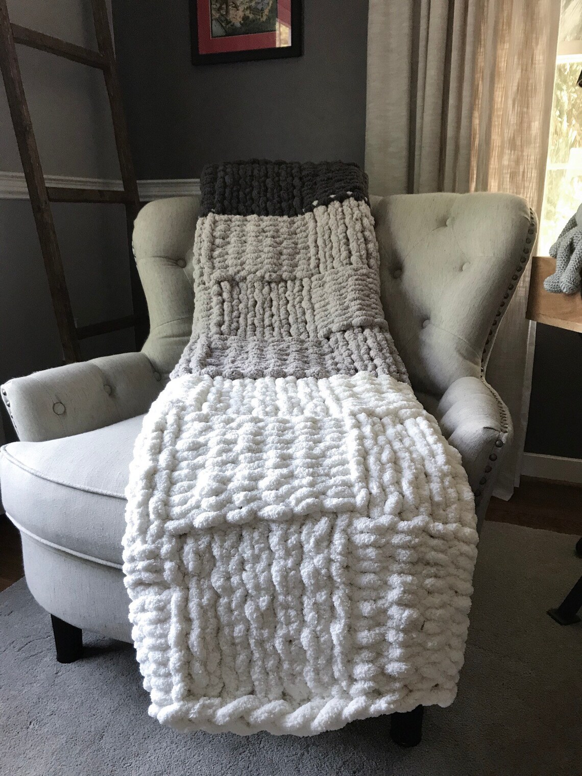 Chunky Knit Blanket Gray Striped Throw Soft Chenille Throw | Etsy