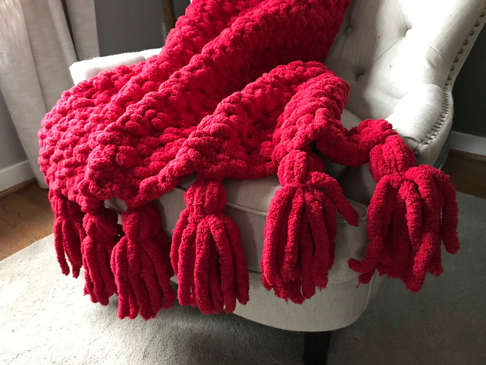 Red Tassel Blanket Chunky Knit Blanket Red Throw Blanket | Etsy