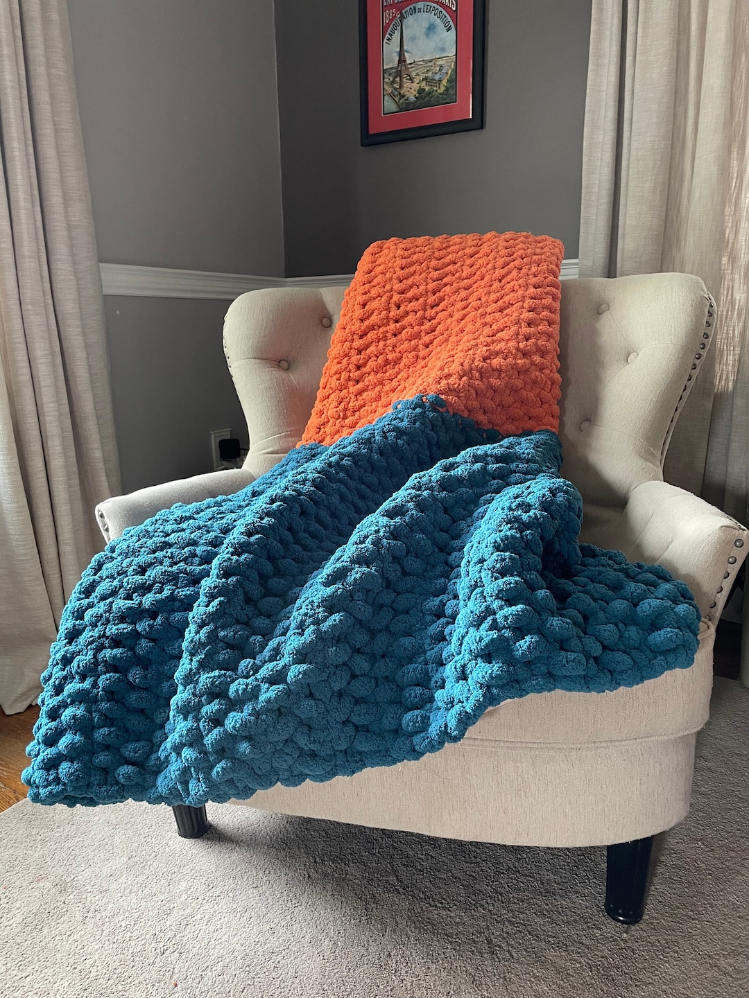 Colorful Throw Blanket Teal Blue and Orange Throw Chunky Knit Blanket ...