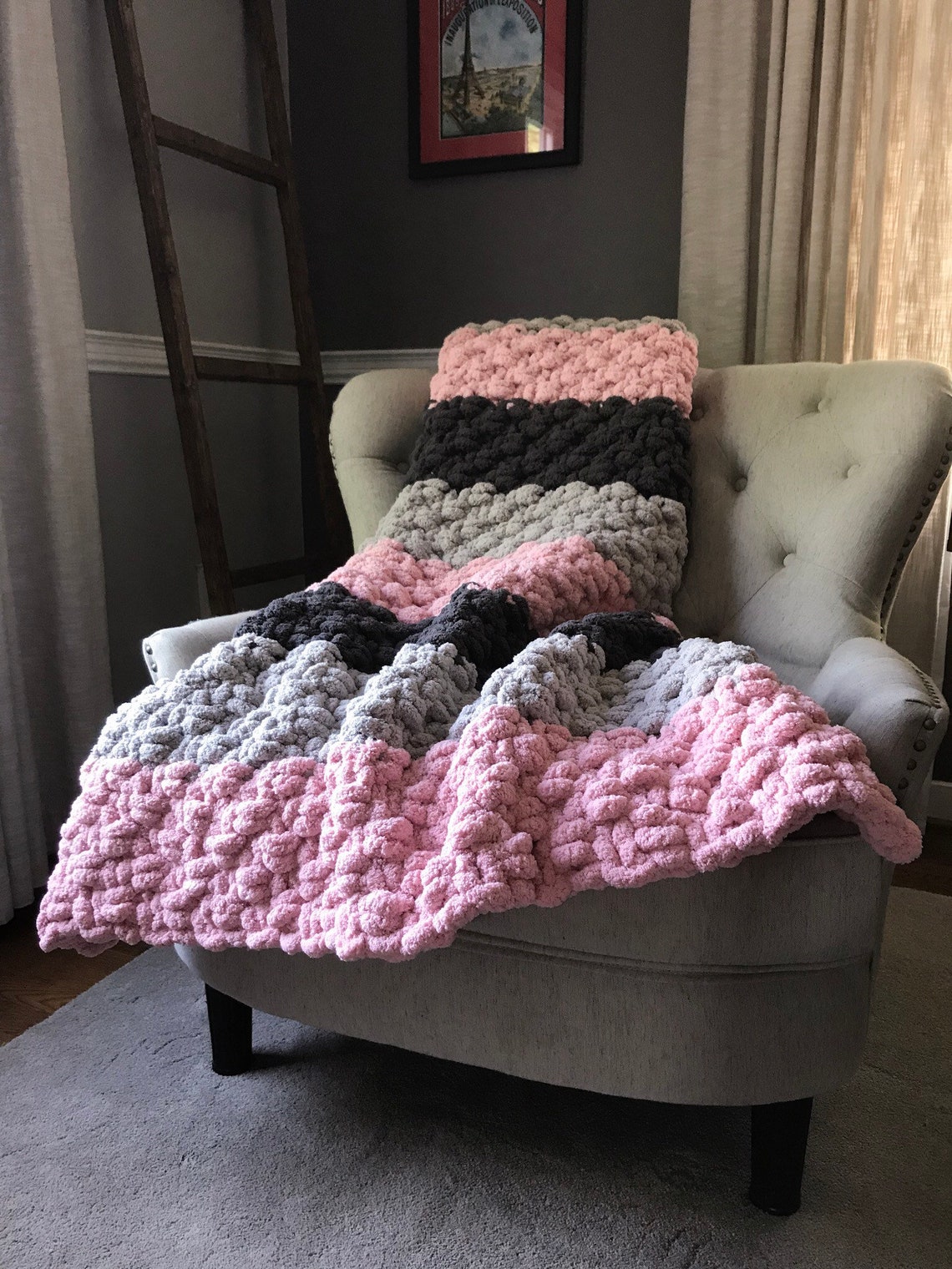 Chunky Knit Blanket - Striped Blanket - Pink Striped Throw - Gray ...