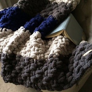 Gray and Navy Blue Striped Throw - Chunky Knit Blanket - Soft Knit ...