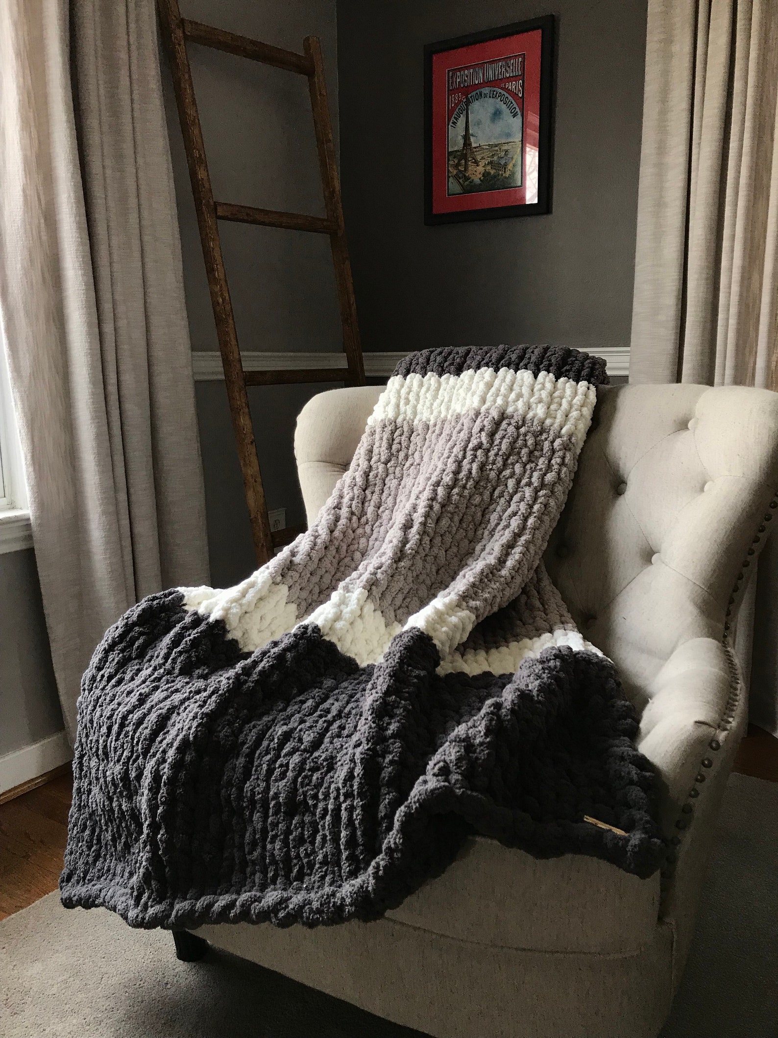 Chunky Knit Blanket Striped Blanket Neutral Blanket Gray - Etsy