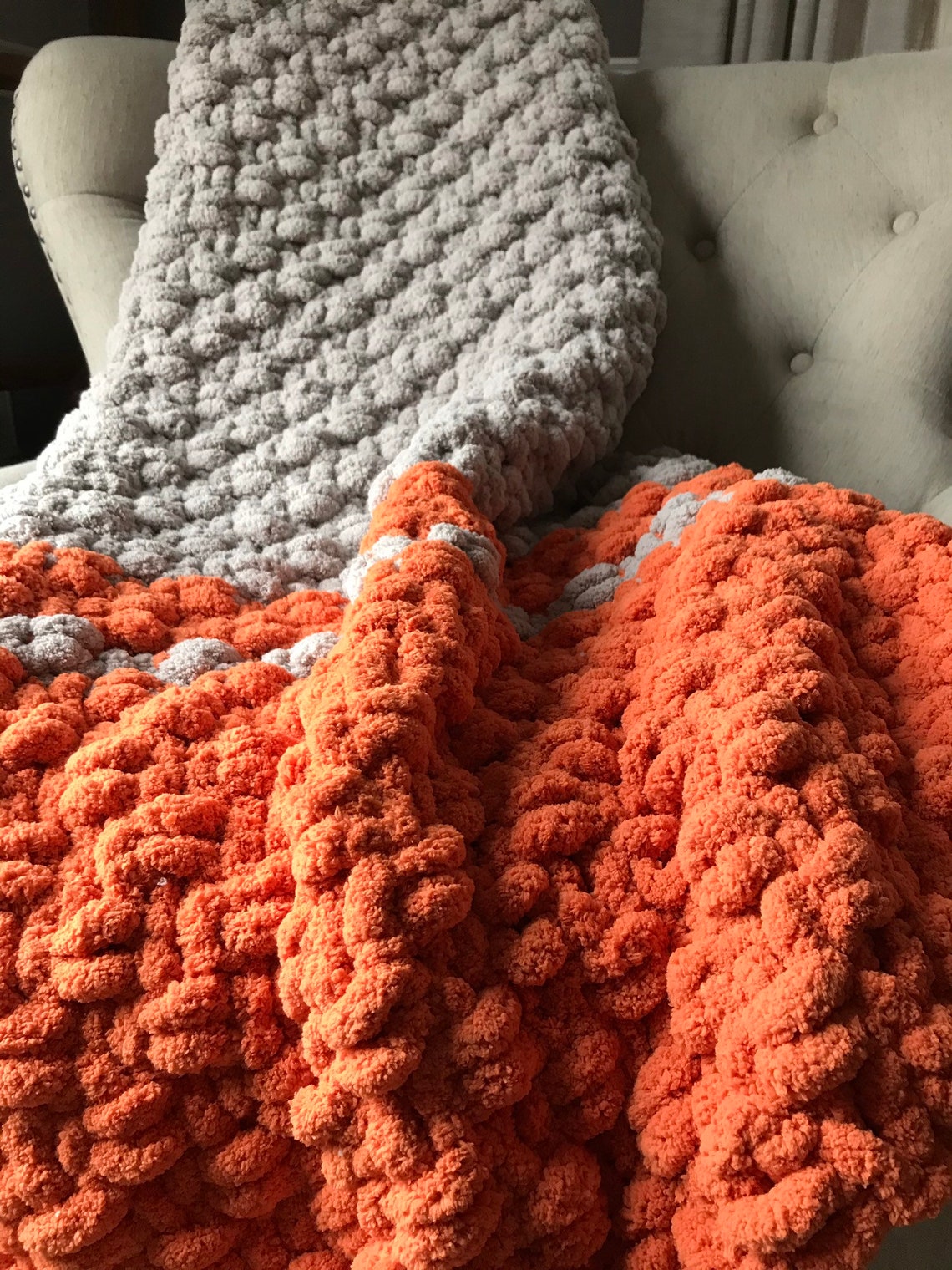 Chunky Knit Blanket - Orange Striped Throw - Gray and Orange Blanket ...